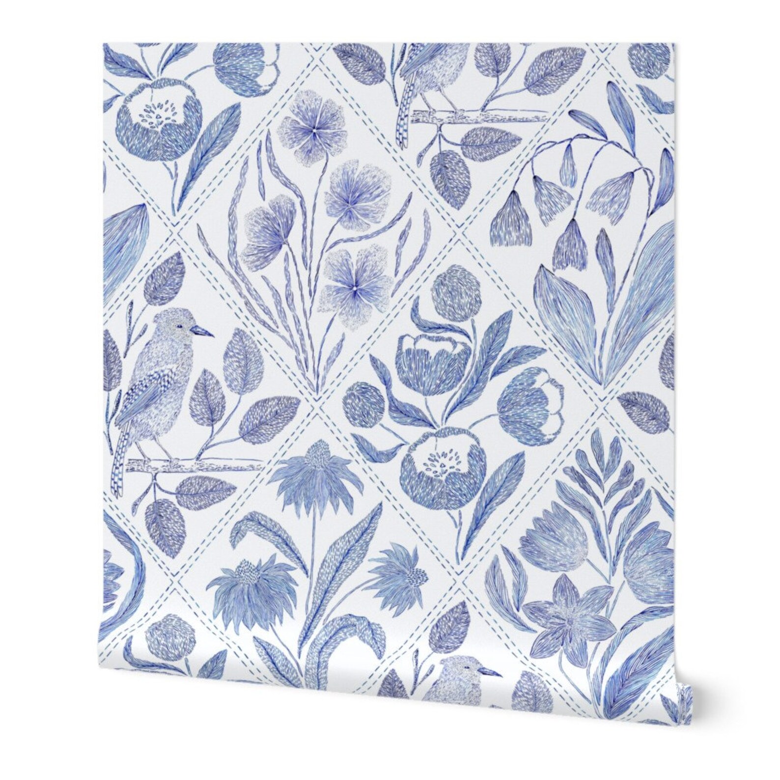 Botanical Toile Wallpaper Blue Florals and Bird Toile by - Etsy
