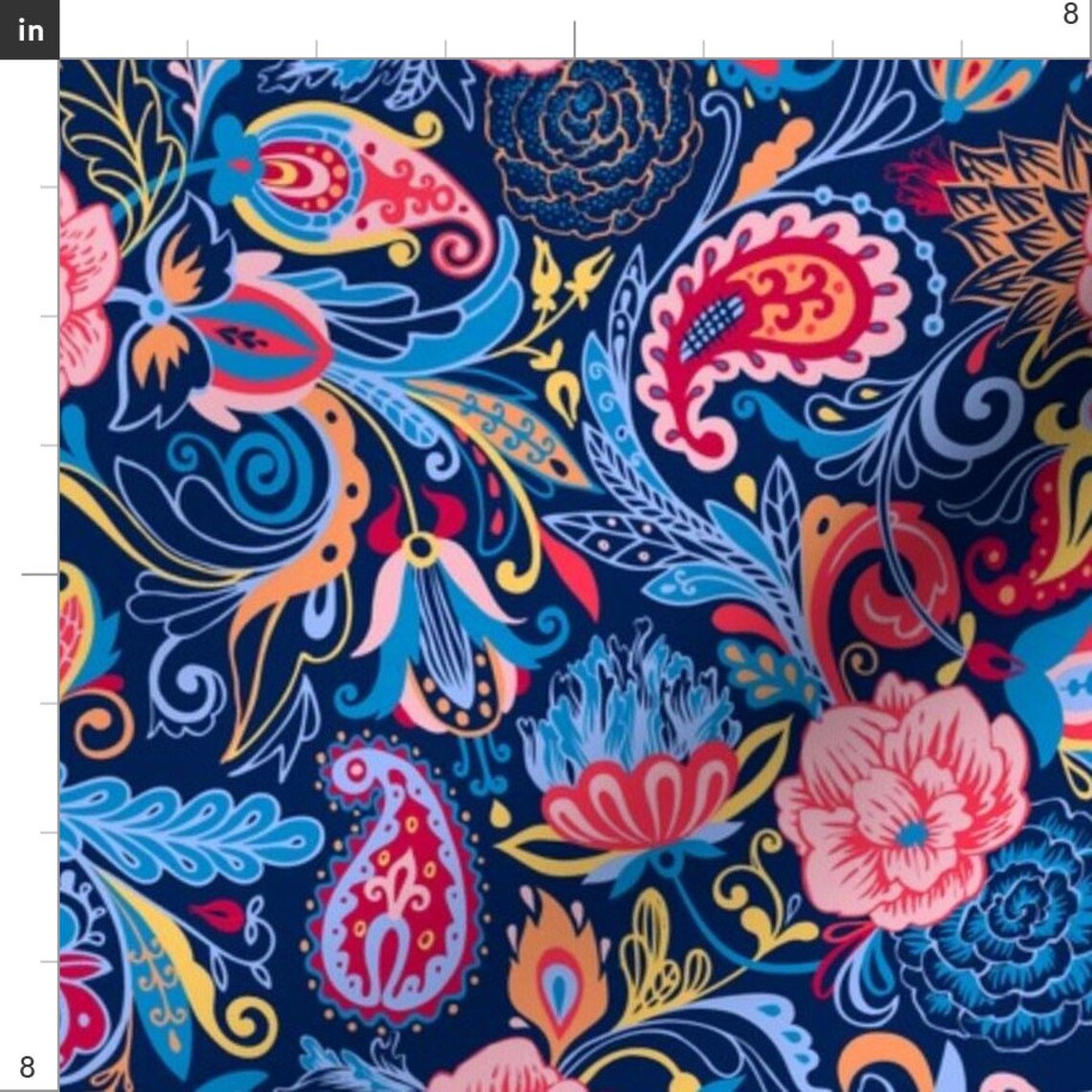 Paisley Fabric Paisleys and Flowers by Motmagic Blue | Etsy