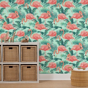 Flamingo Wallpaper Pink Flamingos on Teal Tropical Plants by Khaus ...