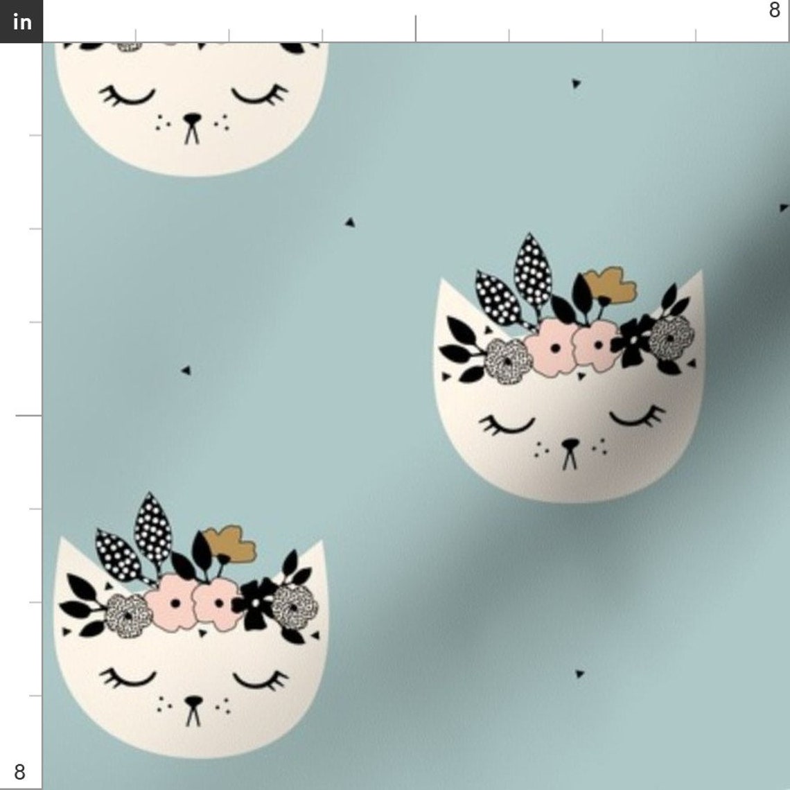 Cat Blue Floral Nursery Animals Fabric Cat Blossom Dusty - Etsy