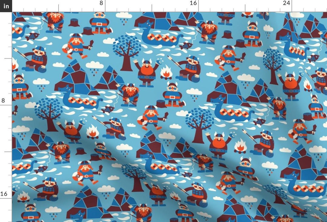 Viking Fabric - Vikings by Bora - Vikings Mountains Trees Fishing Boat ...
