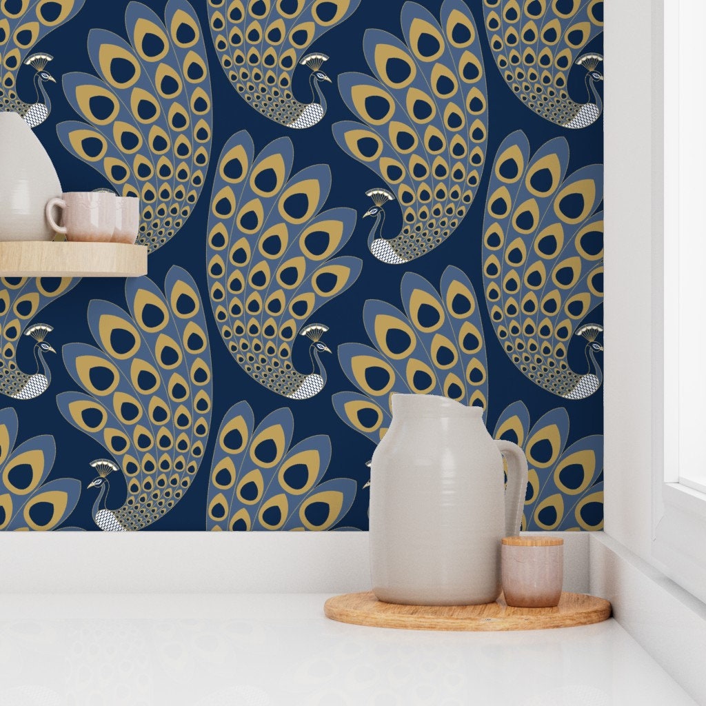 Peacock Wallpaper Blue Art Deco Peacock Large by Marketa - Etsy