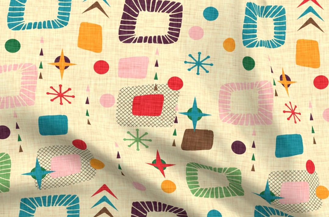 Abstract Fabric 1950s Atomic Pattern by Bruxamagica Mid Century Modern Retro Pastel Geometric ...