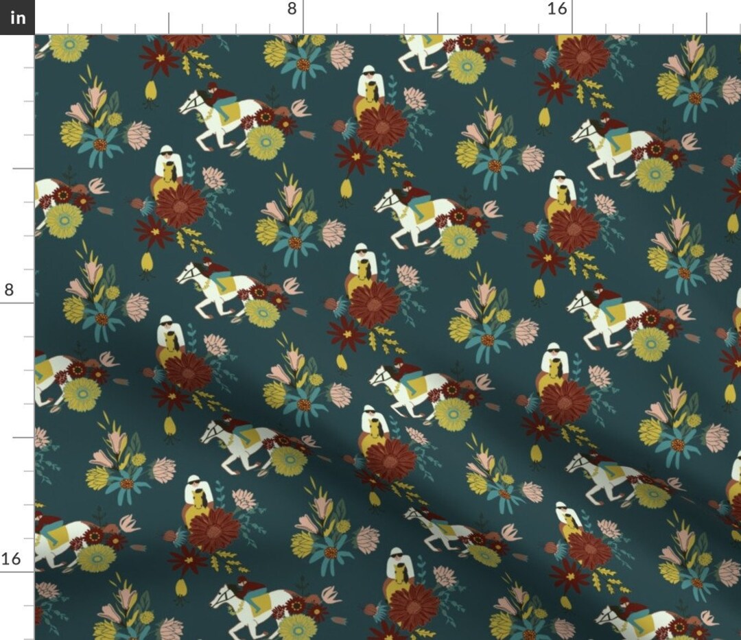 Horse Race Floral Fabric Horse Races Dark Teal by Scarlette Soleil ...