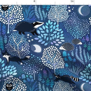 Nocturnal Animals Fabric Nocturnal Woodland by Adenaj Blue Nighttime ...