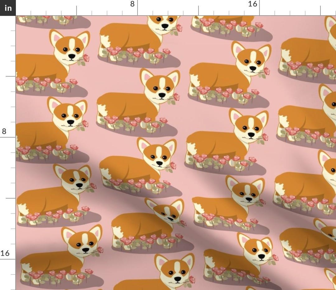 Pink Corgi Fabric Coral Corgi and Roses by Dogdaze Pink Pet Puppy Corgi ...