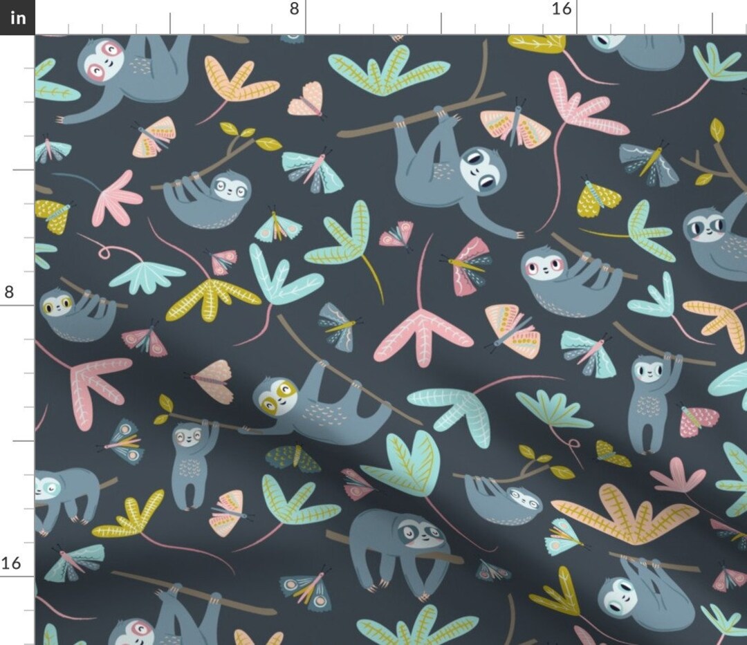 Pastel Sloths Fabric Sloths and Moths Large Dark Ground by ...