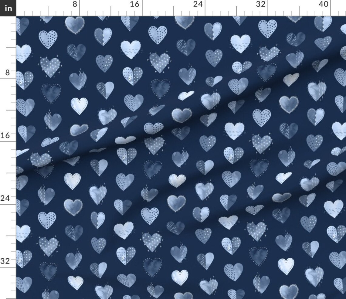 Navy Hearts Valentine's Day Fabric My Boro Heart by | Etsy