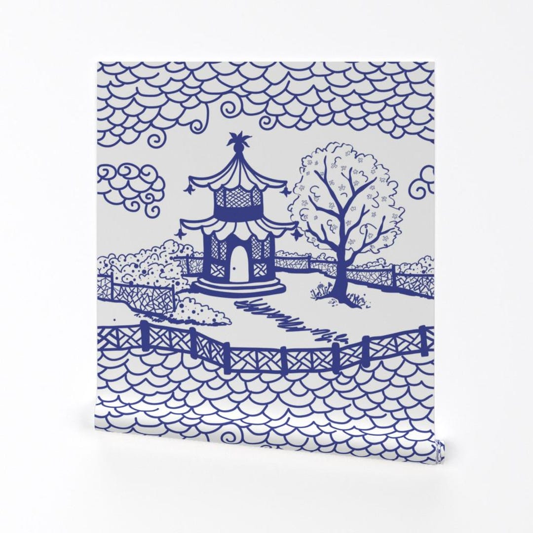 Pagoda Wallpaper - Cloud Pagoda Cobalt by Danika Herrick - Blue White ...