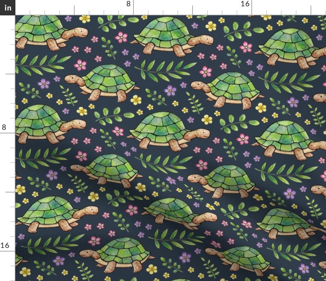 Tortoise Green Fabric Tortoises and Flowers on Navy-grey - Etsy