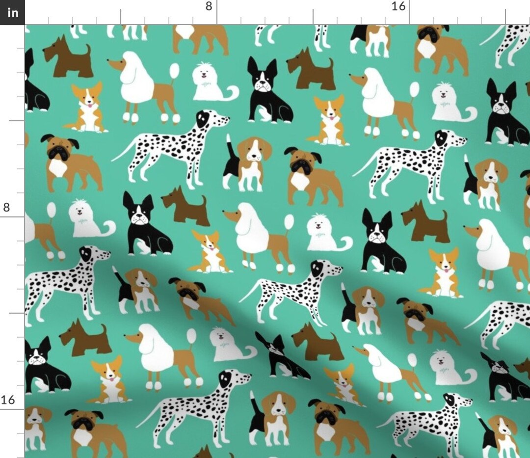 Dog Fabric Dogs on Mint by Heleen Vd Thillart Dog Pets Animals Modern ...