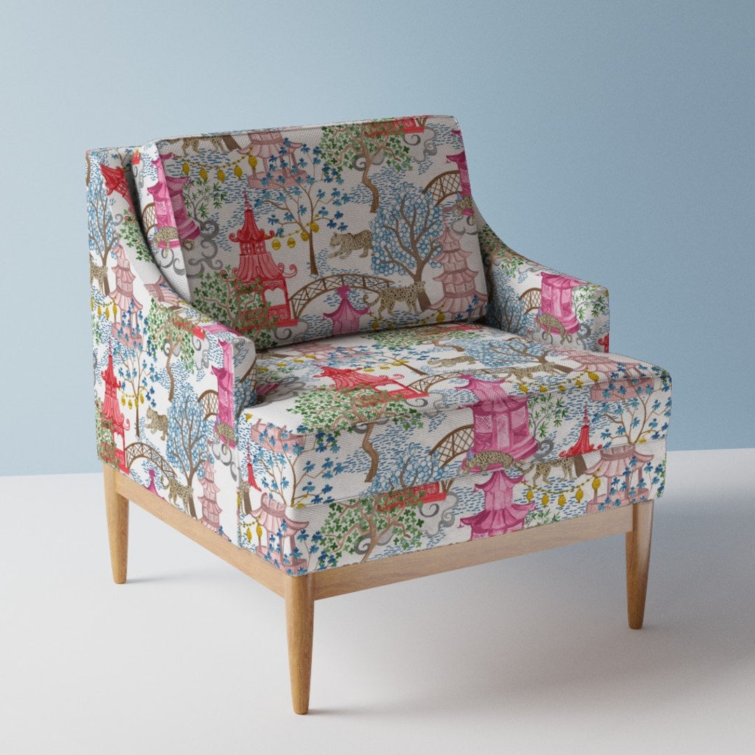 Bright Chinoiserie Upholstery Fabric Pagoda Forest Blue by Danika ...