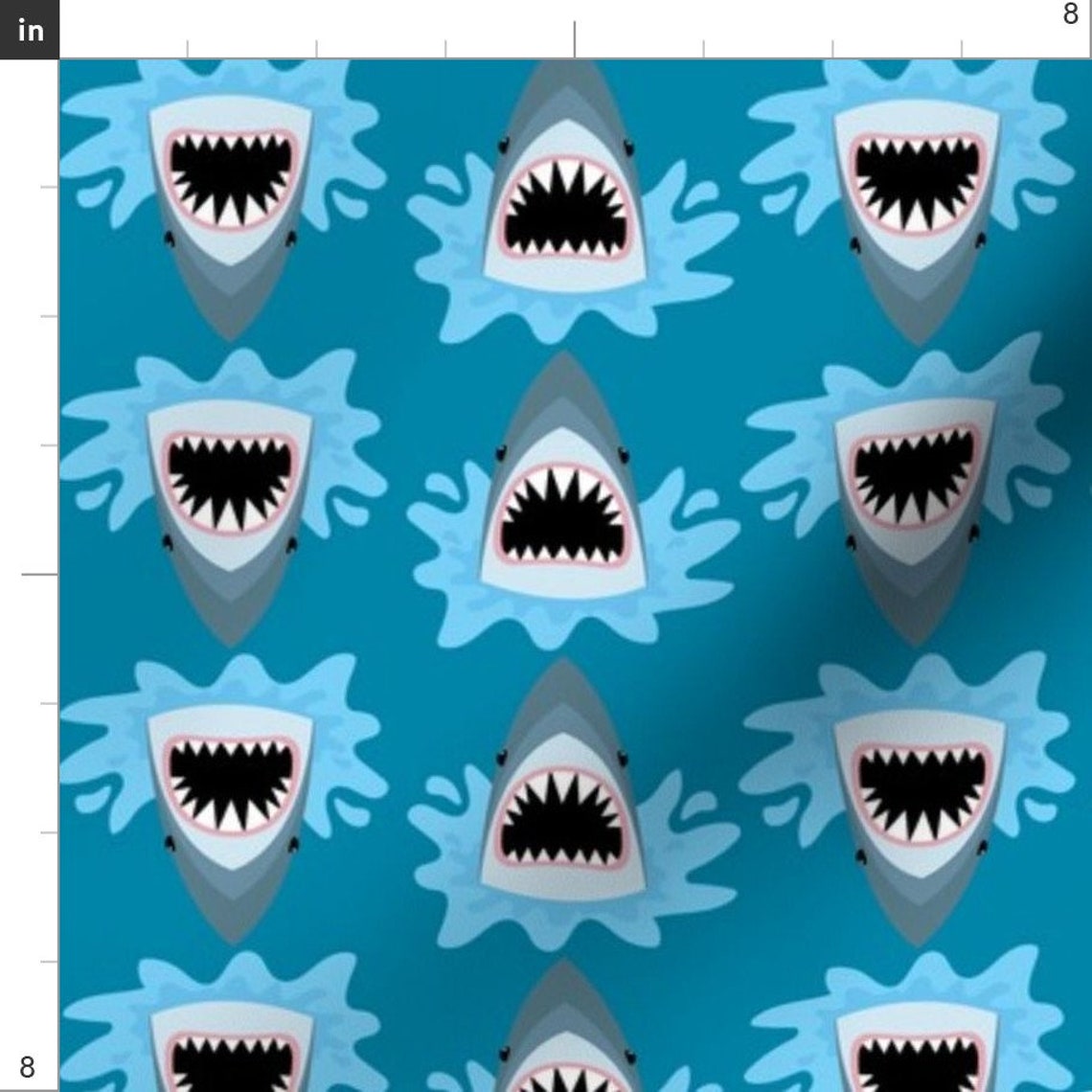 Summer Fabric Cute Shark Pattern On Blue By Khaus Nautical | Etsy