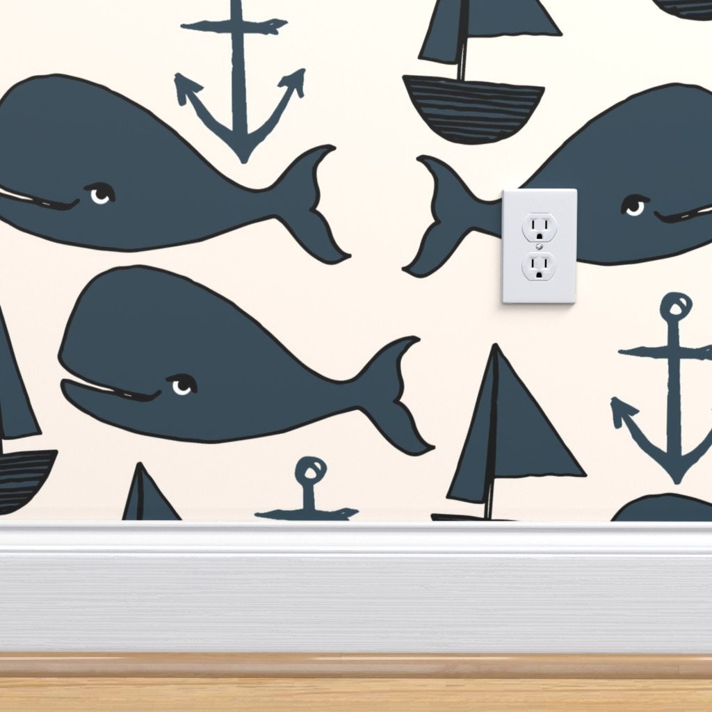 Nautical Whales Wallpaper Dark Navy Blue and Cream by Andrea | Etsy