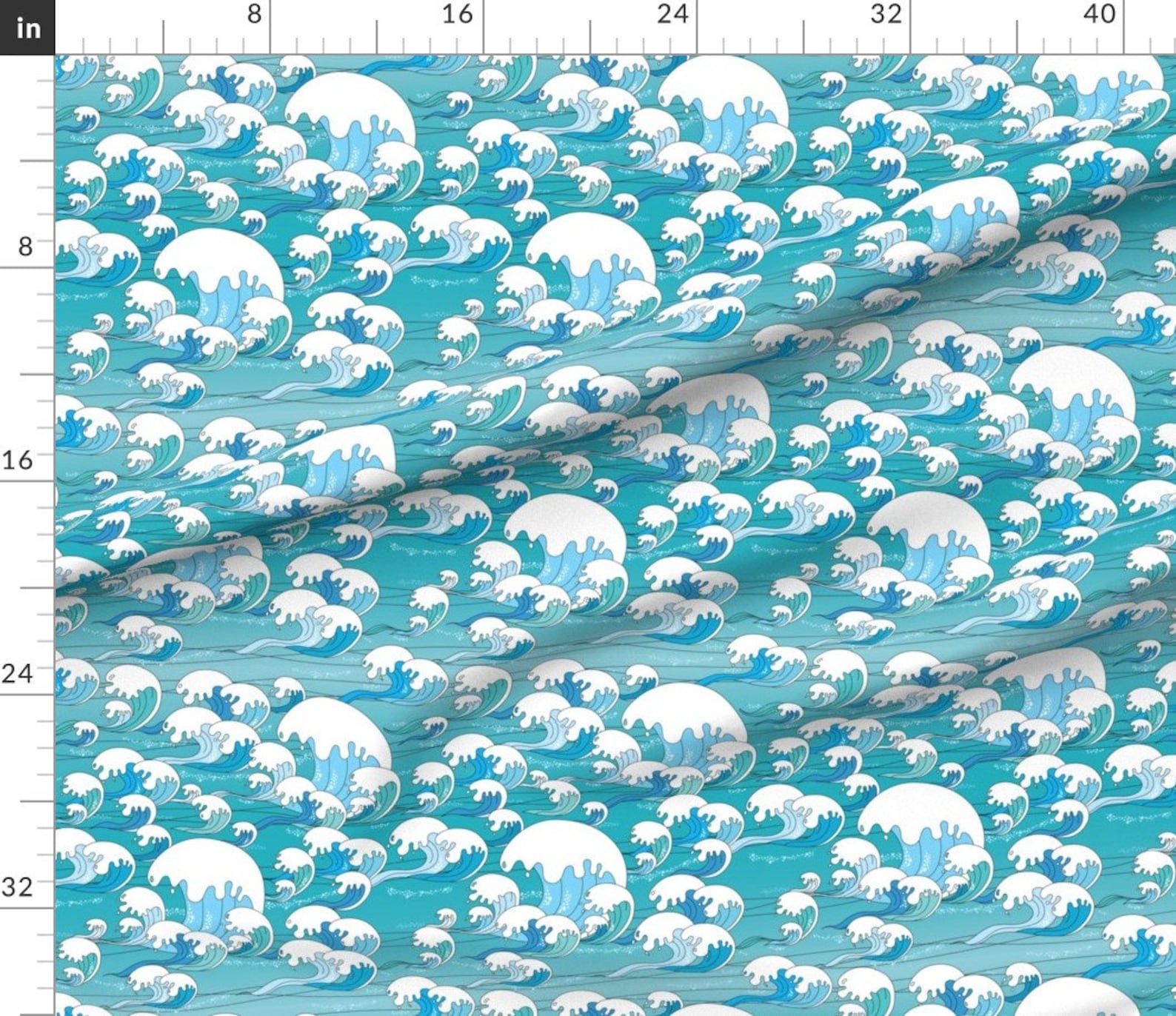 Aqua Blue Ocean Waves Fabric Waves Blue By Thickblackoutline | Etsy