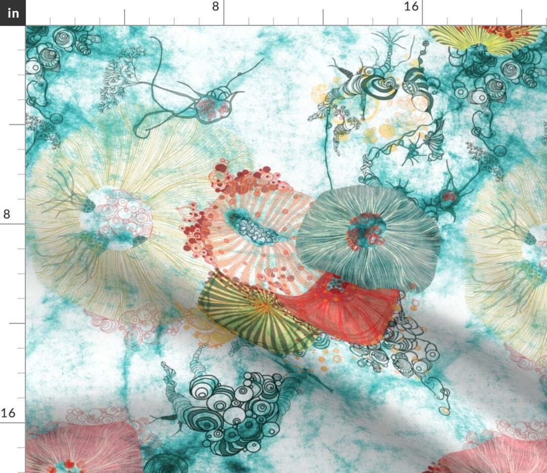 Coral Reef Fabric Life at Sea in Aqua With Urchins and Jelly - Etsy