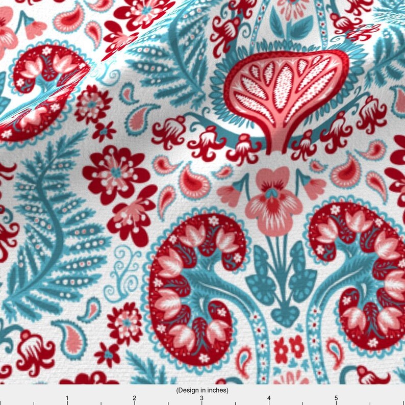 Kidney Damask Fabric Kidney Damask Red/Teal By Chantal Pare | Etsy