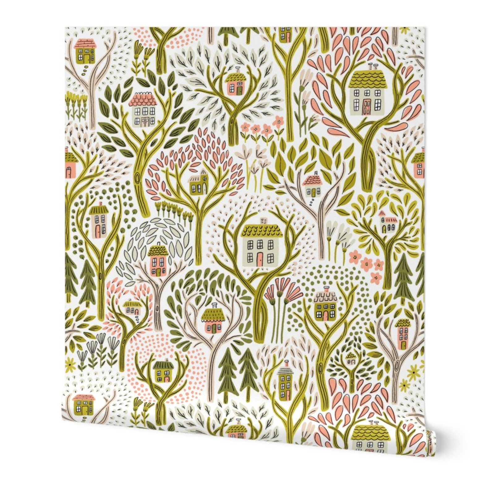 Treehouse Wallpaper Acacia pink and Green by Amy_maccready - Etsy