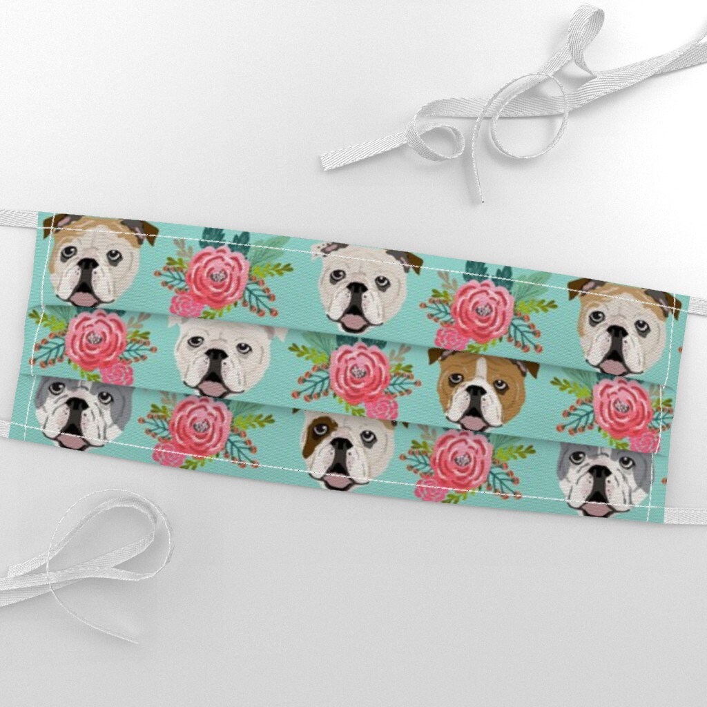 English Bulldog Fabric English Bulldog Faces Florals Mint | Etsy