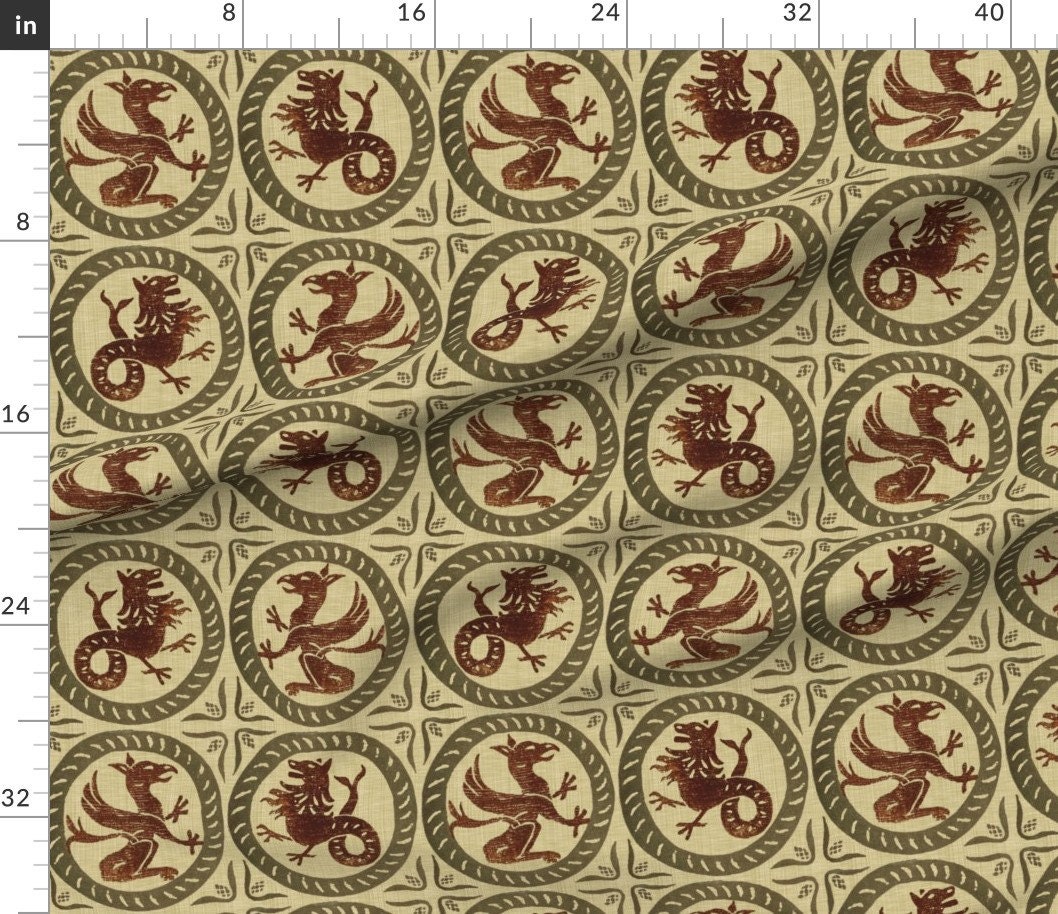Dragon Tiles Fabric 13th Century Dragon Tile by | Etsy