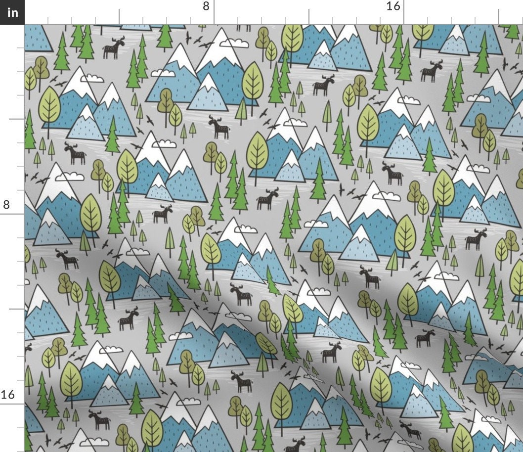 Mountains Fabric Forest Adventure Woodland Trees Moose - Etsy