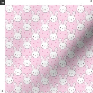 Bunny Fabric Pink White Easter Cute Small Bunny-faces And-hearts On ...