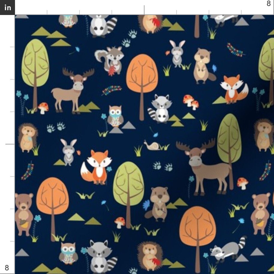 Woodland Forest Animals Fabric Tiny Cute Woodland Animals on | Etsy