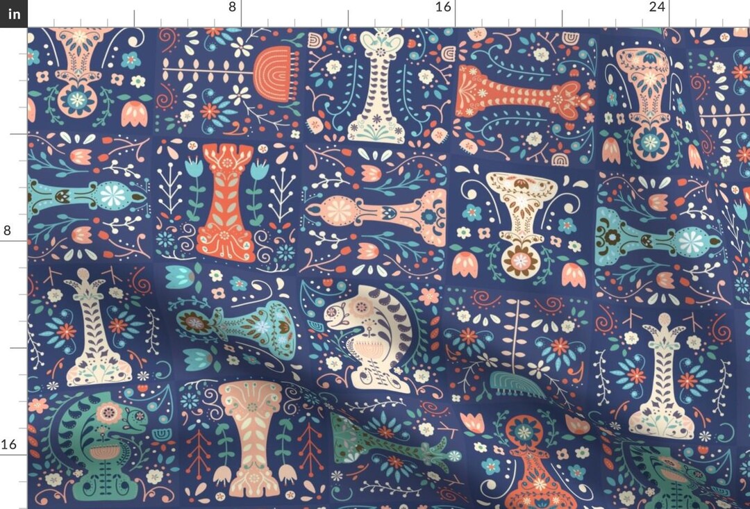 Game Night Fabric - Floral Chess by Luli Print - Blue Botanical Floral ...