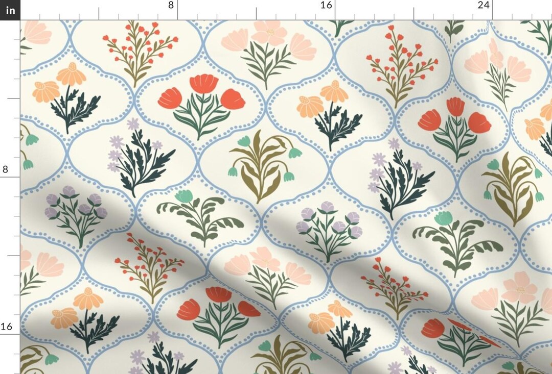Vintage Botanical Fabric - Wildflower Bouquet Ogee by ...