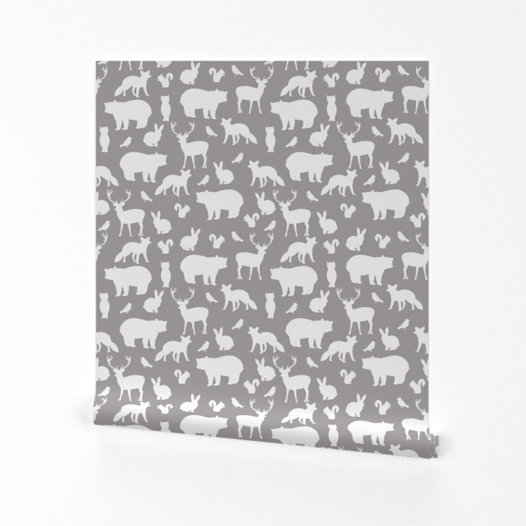 Papier peint animal gris Woodland Party On Gray Big par - Etsy France