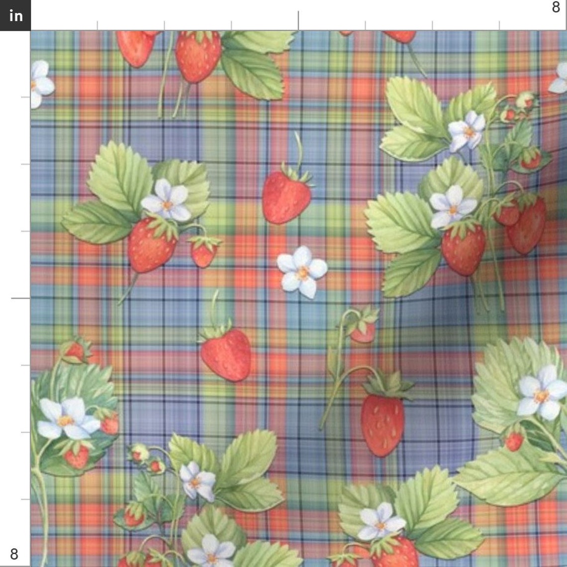 Strawberry Plaid Fabric Watercolor Strawberries on Blue - Etsy