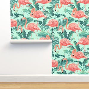 Flamingo Wallpaper - Pink Flamingos on Teal Tropical by Khaus - Mint ...