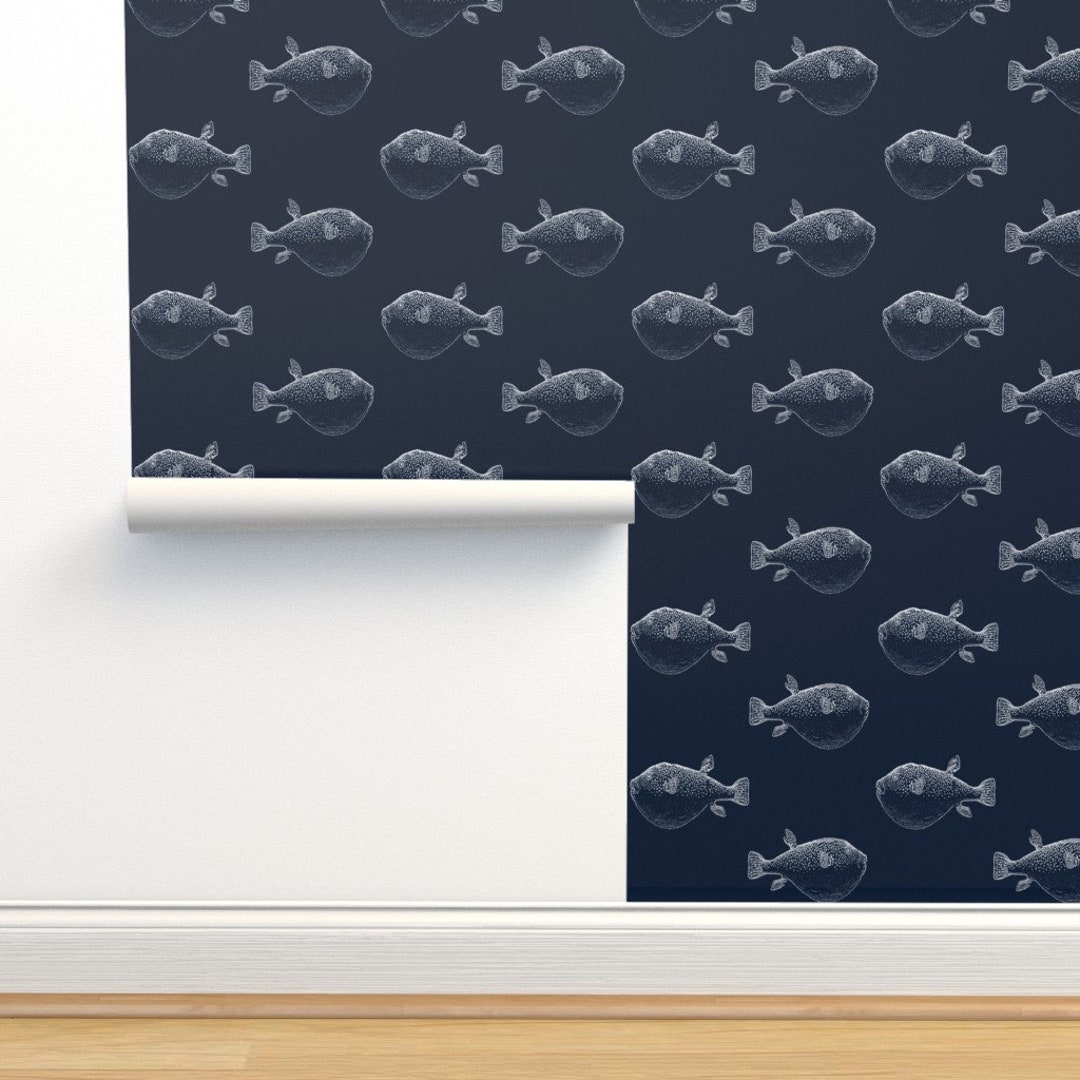 Puffer Fish Wallpaper Puffer Fish Silver on Navy by Jenlats - Etsy