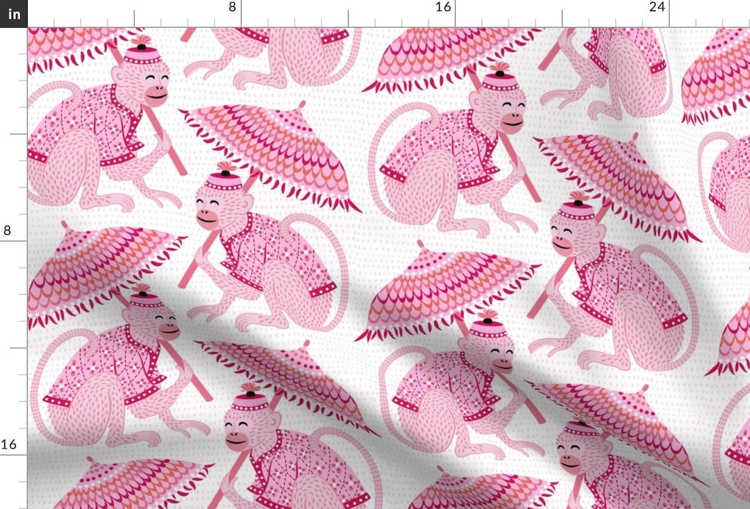 Pink and White Fabric - Monkeys With Parasols by Vivdesign - Animals ...
