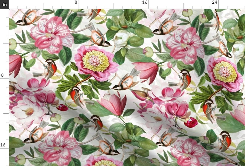 Spring Magnolia Apparel Fabric - Vintage Spring Birds by Utart ...