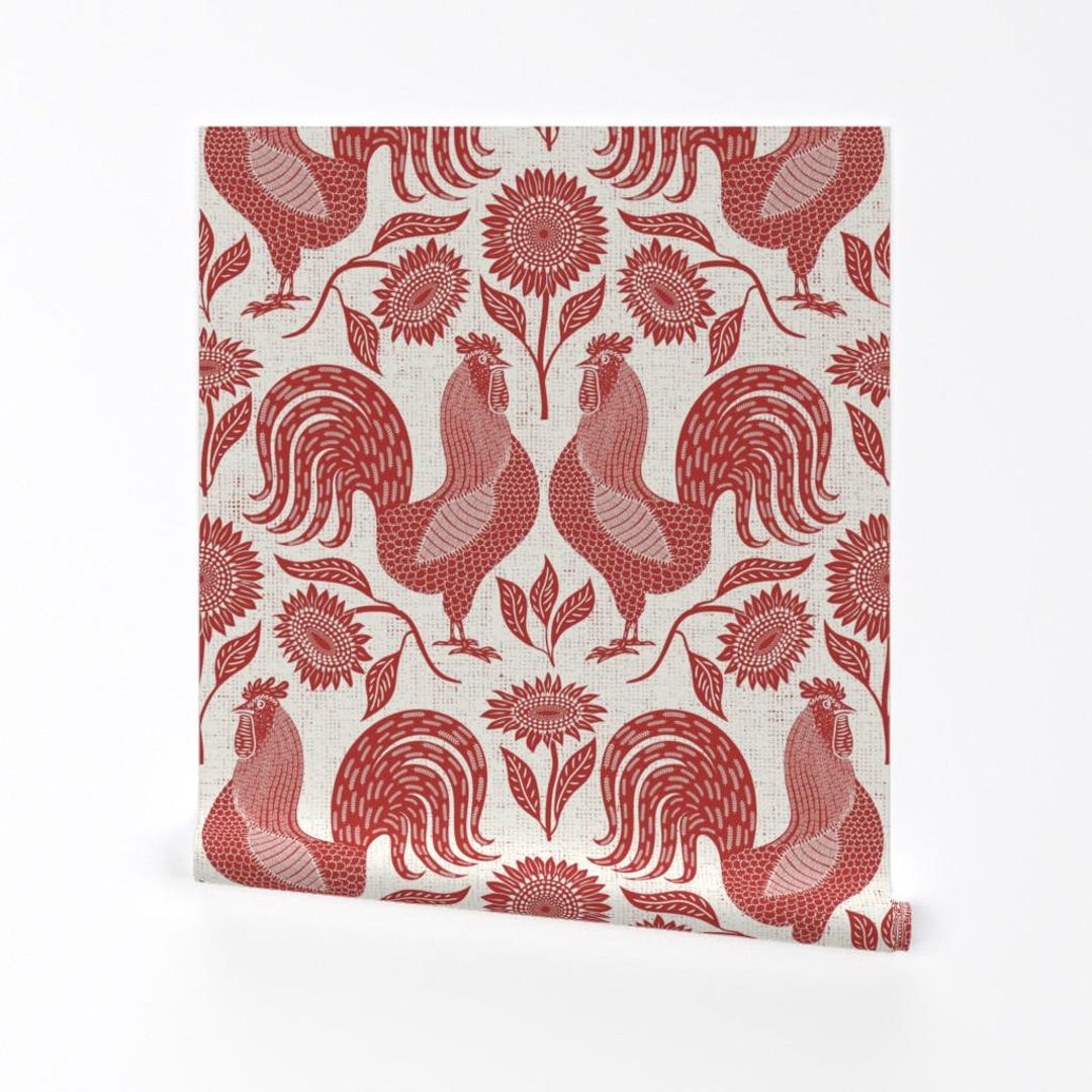 Red Rooster Floral Removable Peel and Stick Wallpaper - Red Sunflower ...