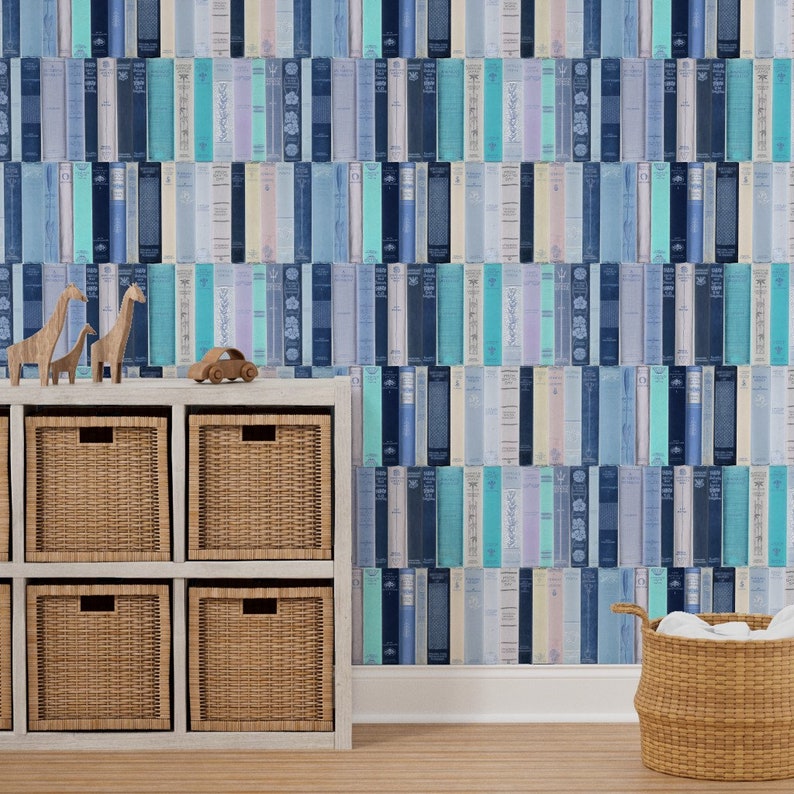 Books Wallpaper Instant Library Blue by Peacoquettedesigns - Etsy