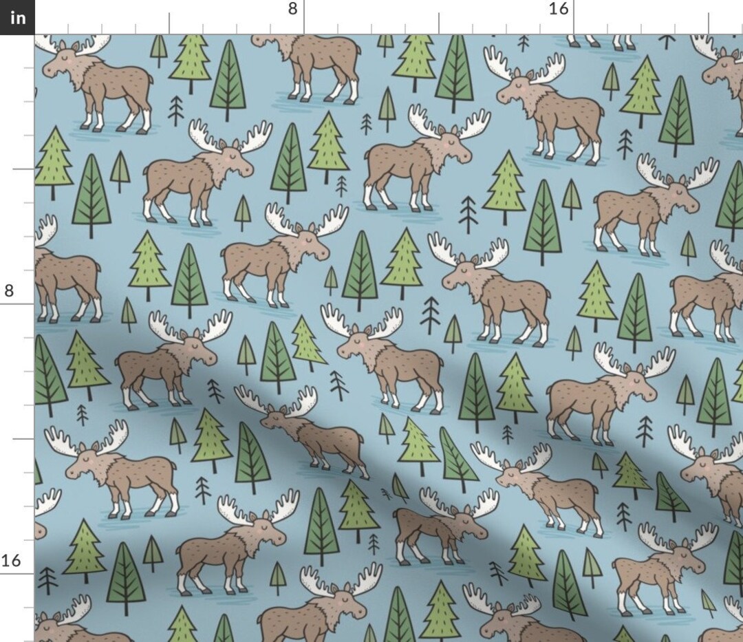 Moose Fabric Forest Woodland Moose Trees on Blue by Caja Design Moose ...