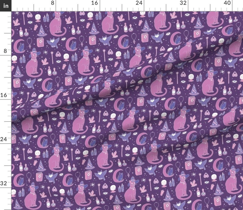 Magic Cat Fabric Mystical Cats in Purple by Pinkowlet Witch | Etsy