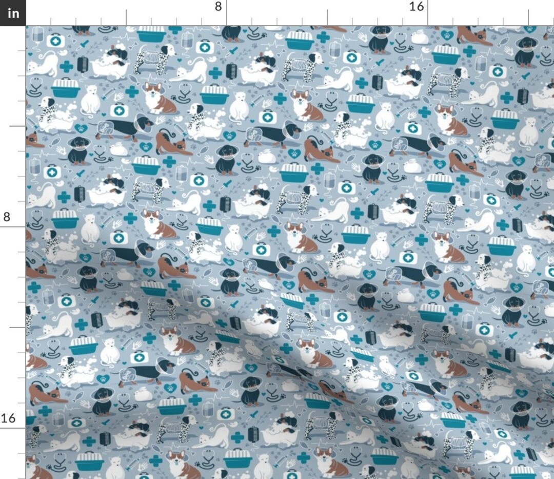 Puppies Fabric Vet Medicine Blue Friends Blue Background Turquoise by ...