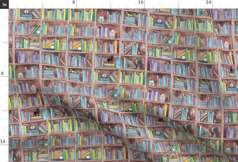 Library Books Fabric - Watercolour Bookshelf by Elena O'neill ...