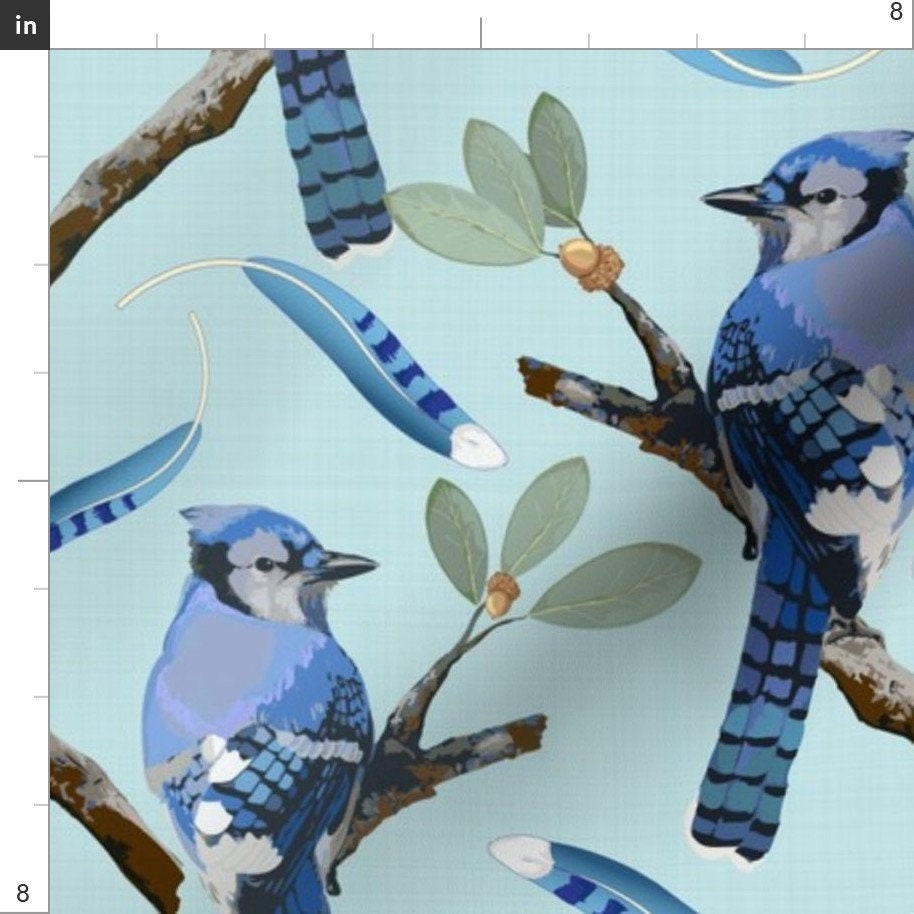 Blue Jay Fabric Blue Jays On Aqua By Shellypenko Watercolor | Etsy