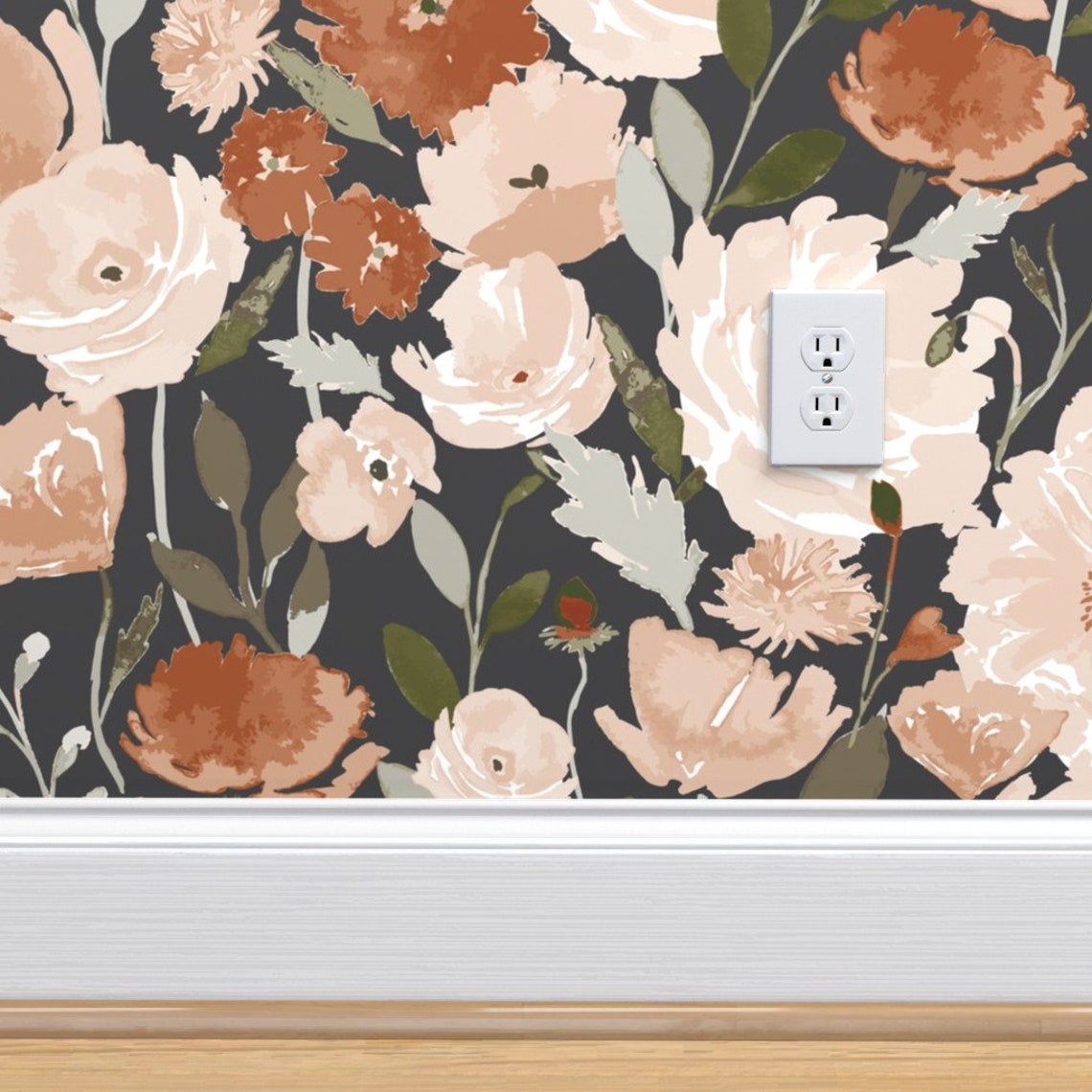Floral Wallpaper Poppy Garden By Indybloomdesign Muted | Etsy