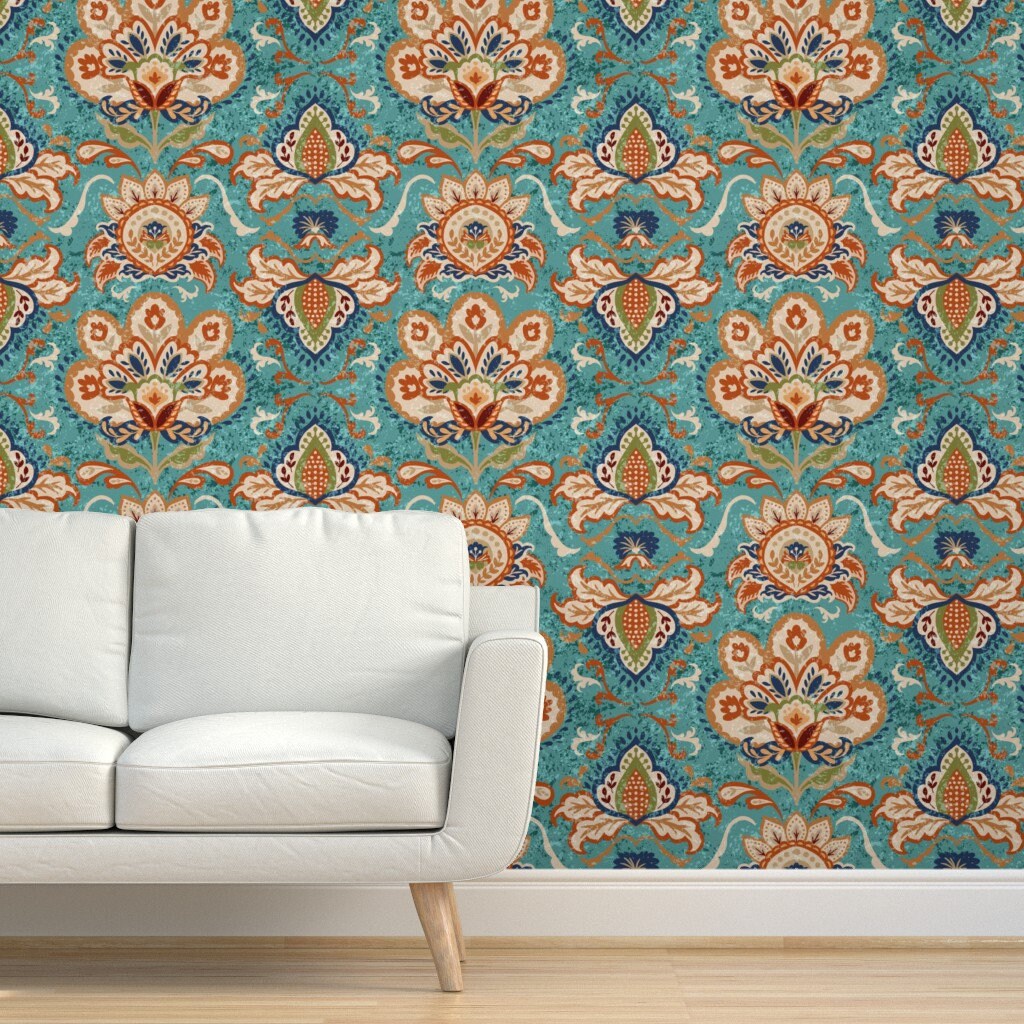 Rococo Wallpaper Vintage Anette by Oppositedge Teal Orange - Etsy