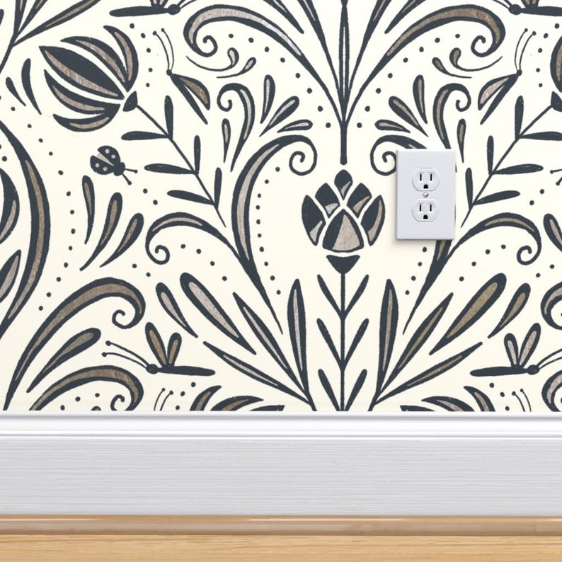 Rococo Wallpaper Rochelle by Amy Maccready Beige Black | Etsy