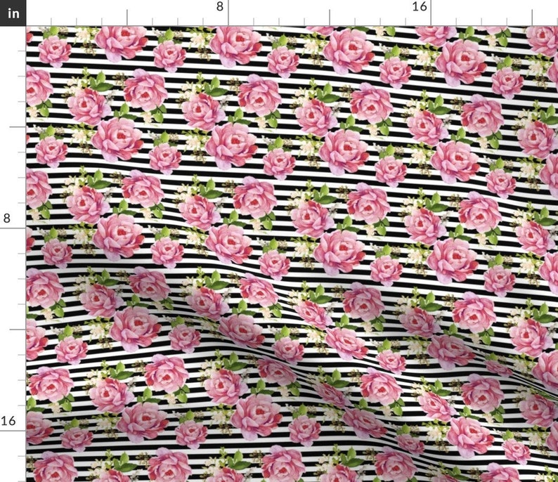 Pink Floral Stripe Fabric 4 Light Pink Sunrise Black - Etsy