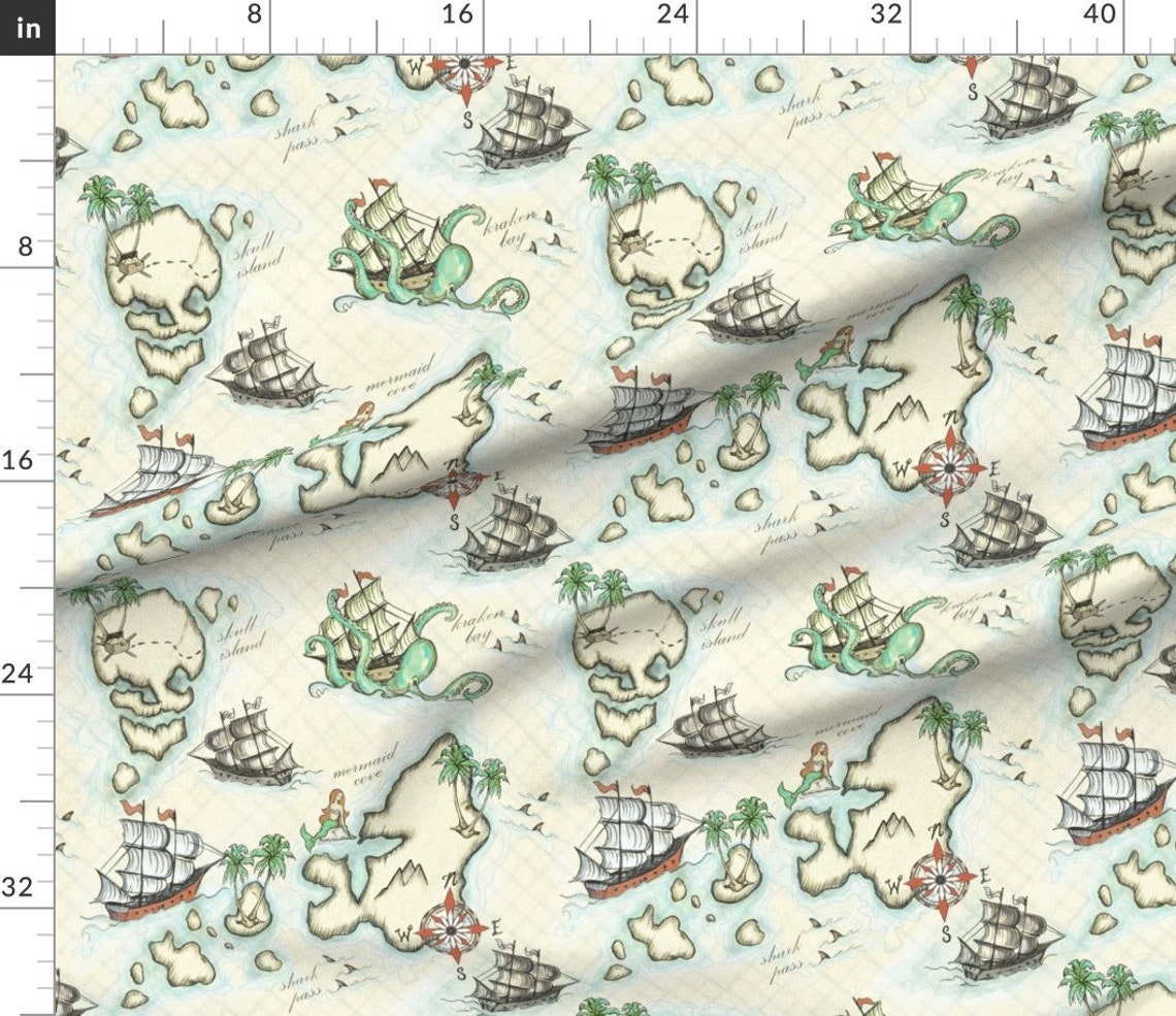 Nautical Pirate Fabric Pirate Journey to Skull | Etsy