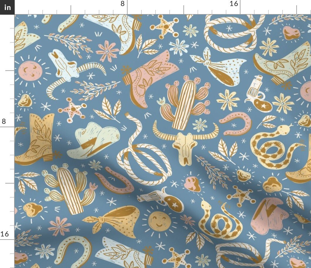 Wild West Fabric Doodly Cowboy Stuff-blue by Rebelform | Etsy