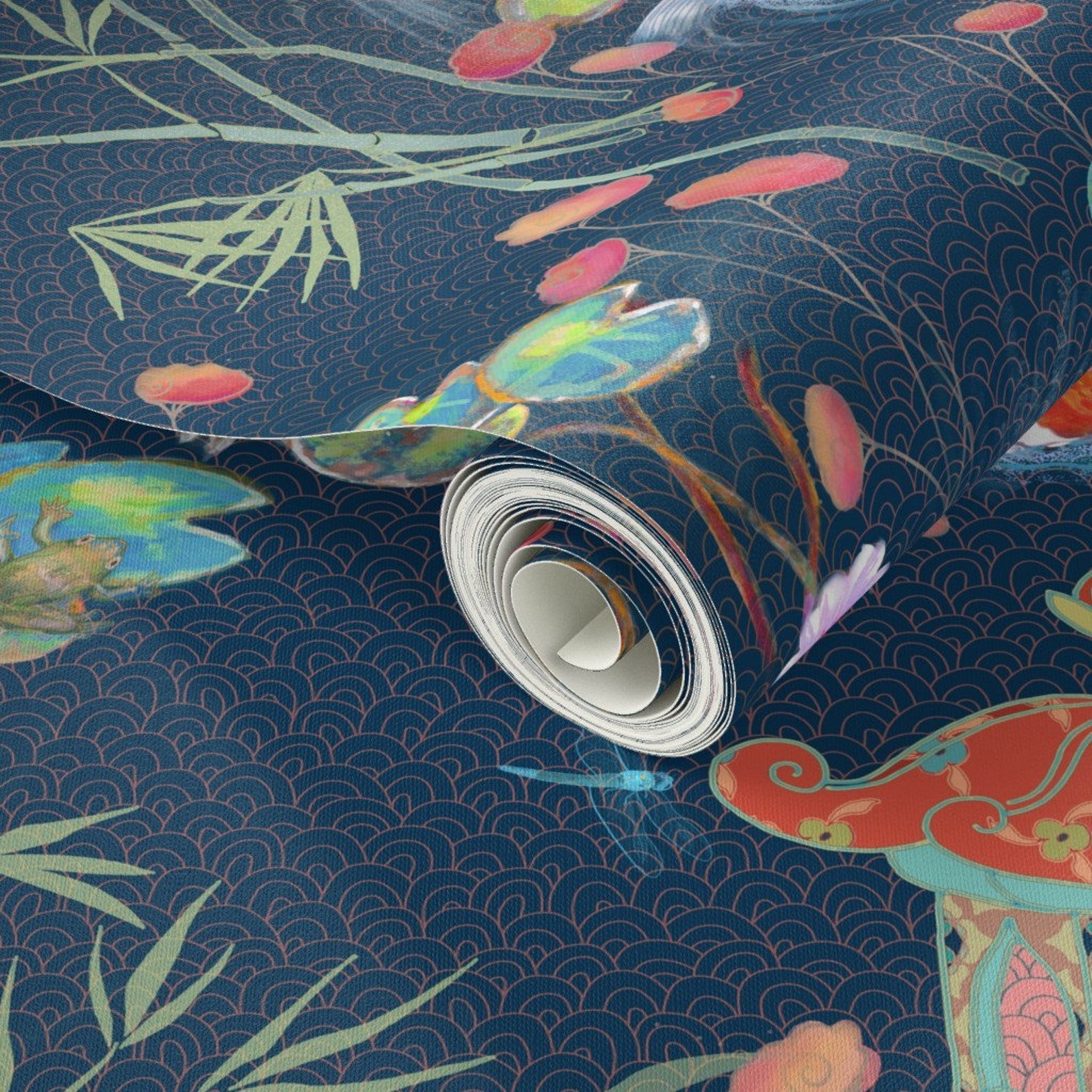 Japanese Wallpaper Japanese Water Garden Navy by Designed by Debby ...