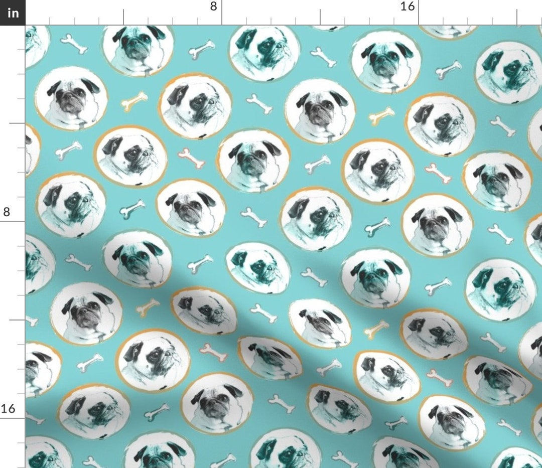 Pug Fabric Pug Portrait Sunny by Teresamagnuson Pug Dog Dots Bones ...
